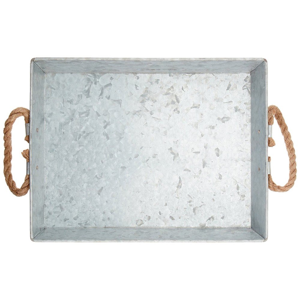 Benzara Mix Media Galvanized Tray with Rope Handles