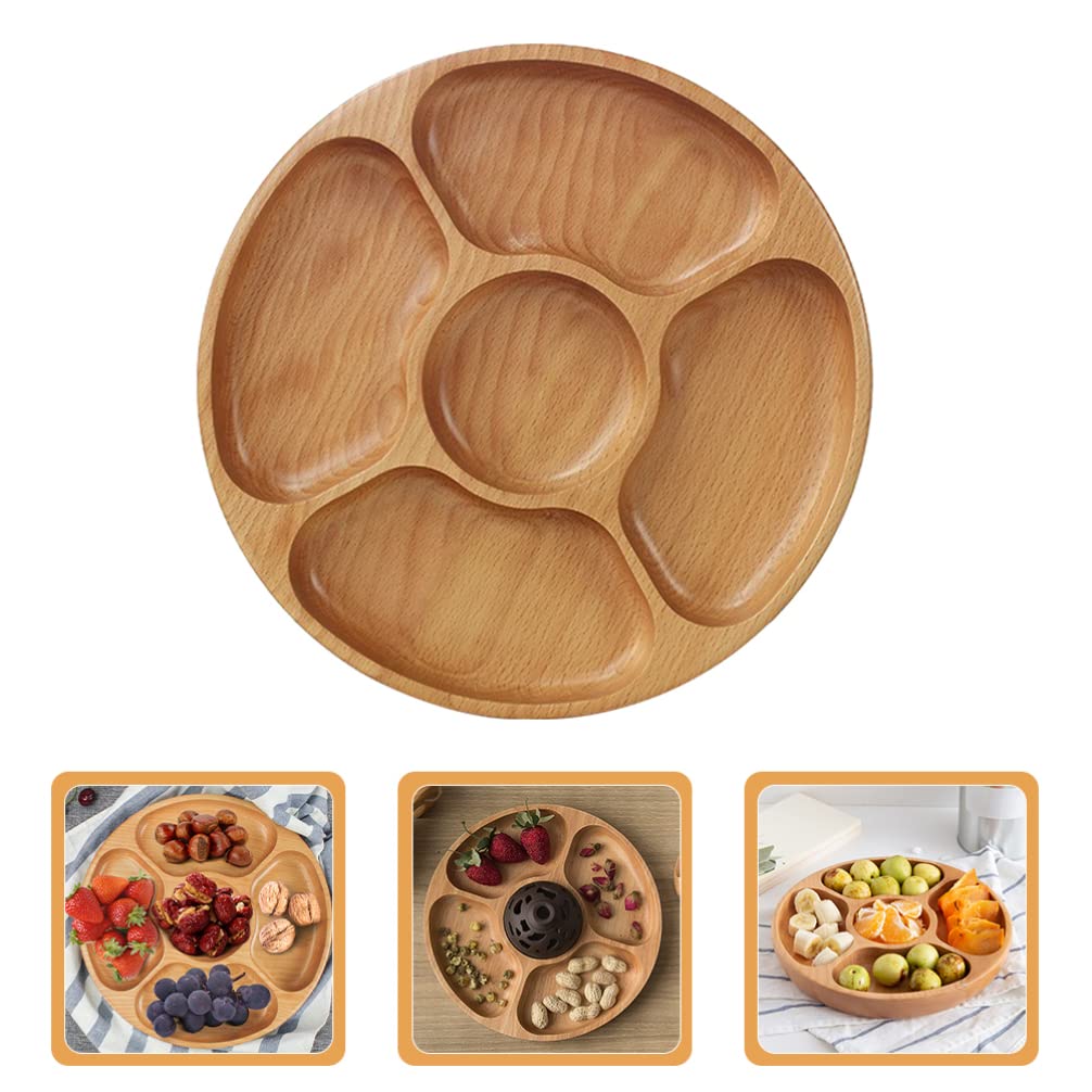 Cabilock Wedding Decor Divided Wooden Plate Round Dessert Dish Appetizer Serving Tray Compartment Food Storage Organizer Charcuterie for Chips and Dip Veggies Candy Snacks Wedding Decorations