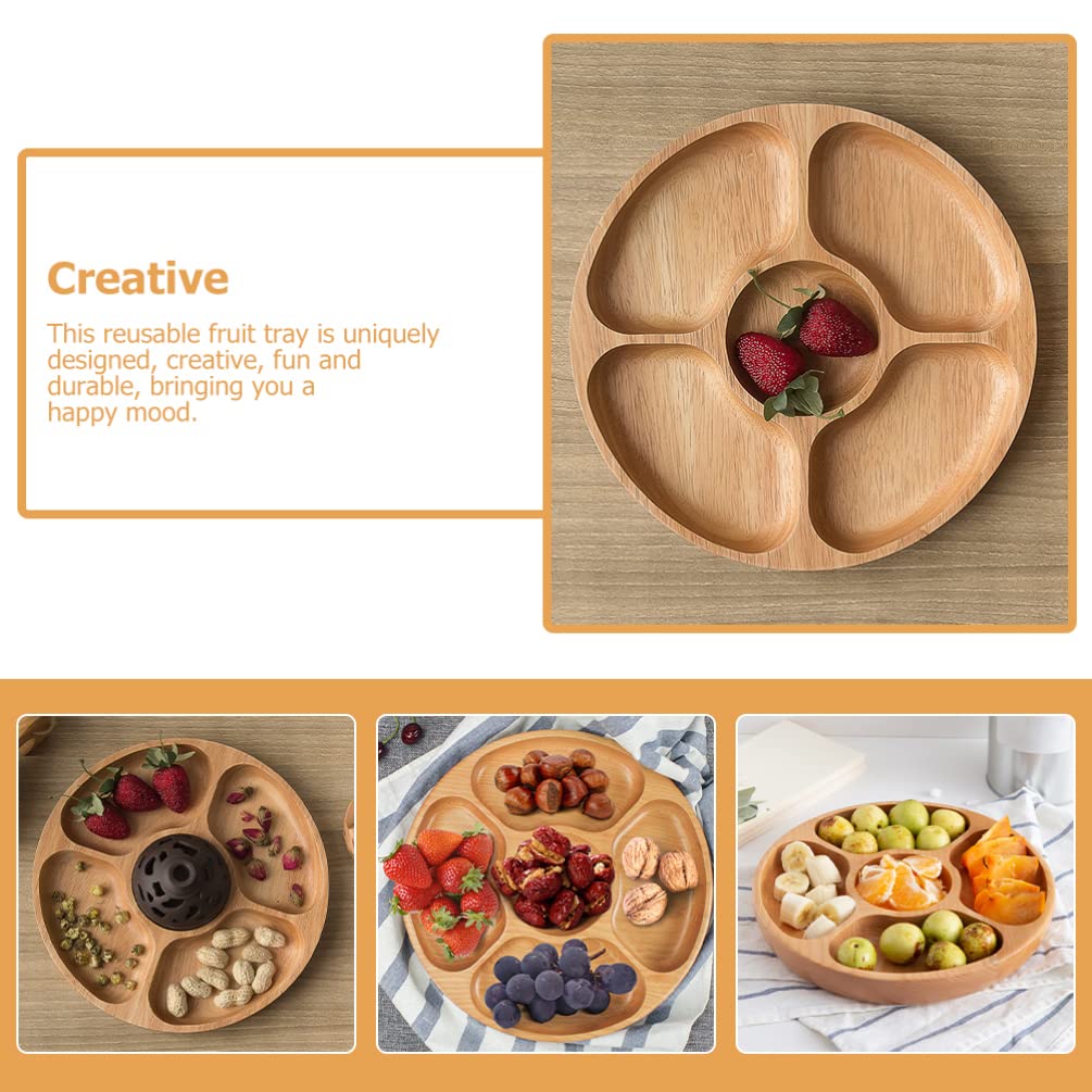 Cabilock Wedding Decor Divided Wooden Plate Round Dessert Dish Appetizer Serving Tray Compartment Food Storage Organizer Charcuterie for Chips and Dip Veggies Candy Snacks Wedding Decorations