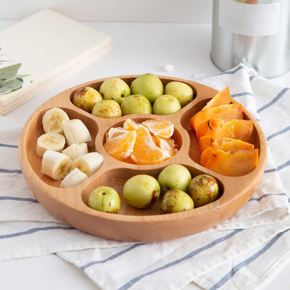 Cabilock Wedding Decor Divided Wooden Plate Round Dessert Dish Appetizer Serving Tray Compartment Food Storage Organizer Charcuterie for Chips and Dip Veggies Candy Snacks Wedding Decorations