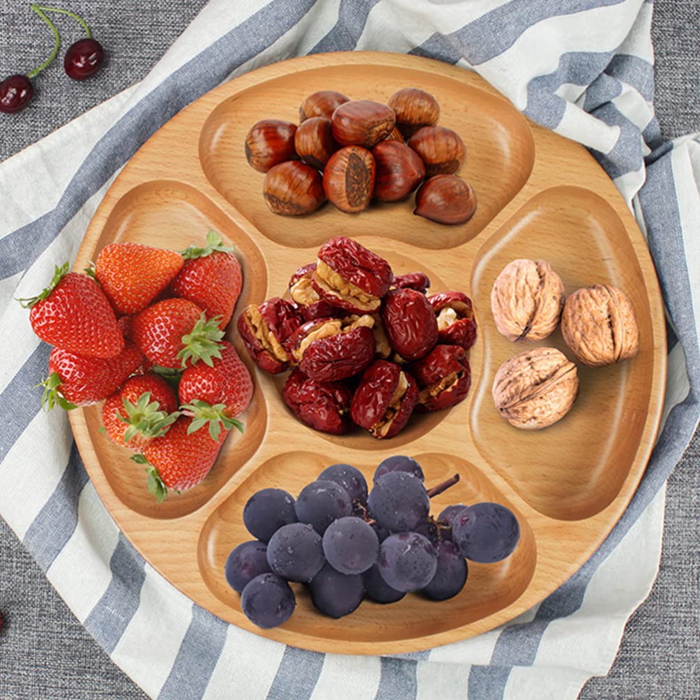 Cabilock Wedding Decor Divided Wooden Plate Round Dessert Dish Appetizer Serving Tray Compartment Food Storage Organizer Charcuterie for Chips and Dip Veggies Candy Snacks Wedding Decorations