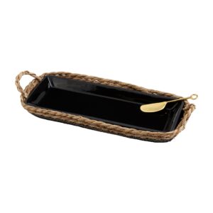 mud pie black woven tray platter set, 5" x 13" | basket 6" x 14" | spreader 5 1/2"