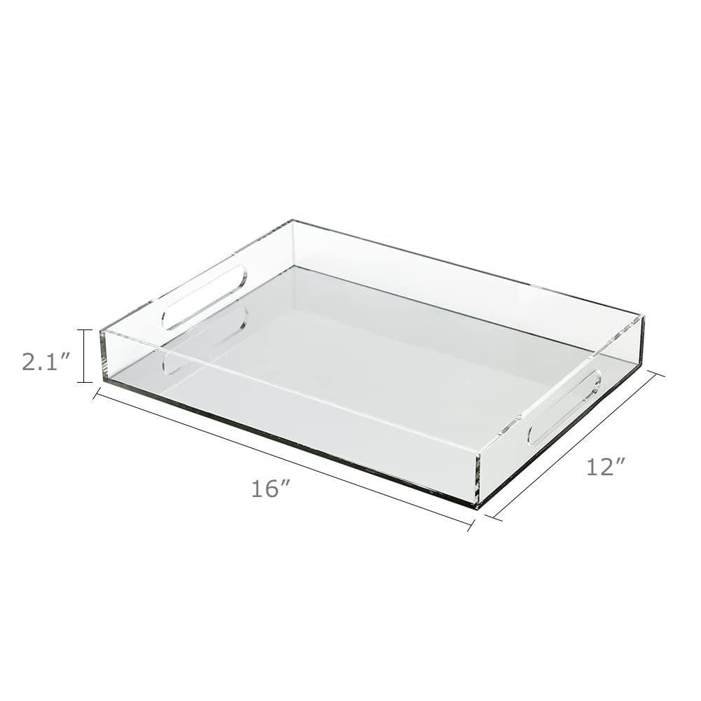 Clear Acrylic Serving Tray, 12x16 inches, Spill-Proof, Stackable Organizer, Food & Drinks Server, Indoors/Outdoors, Lucite Storage (Mirror)