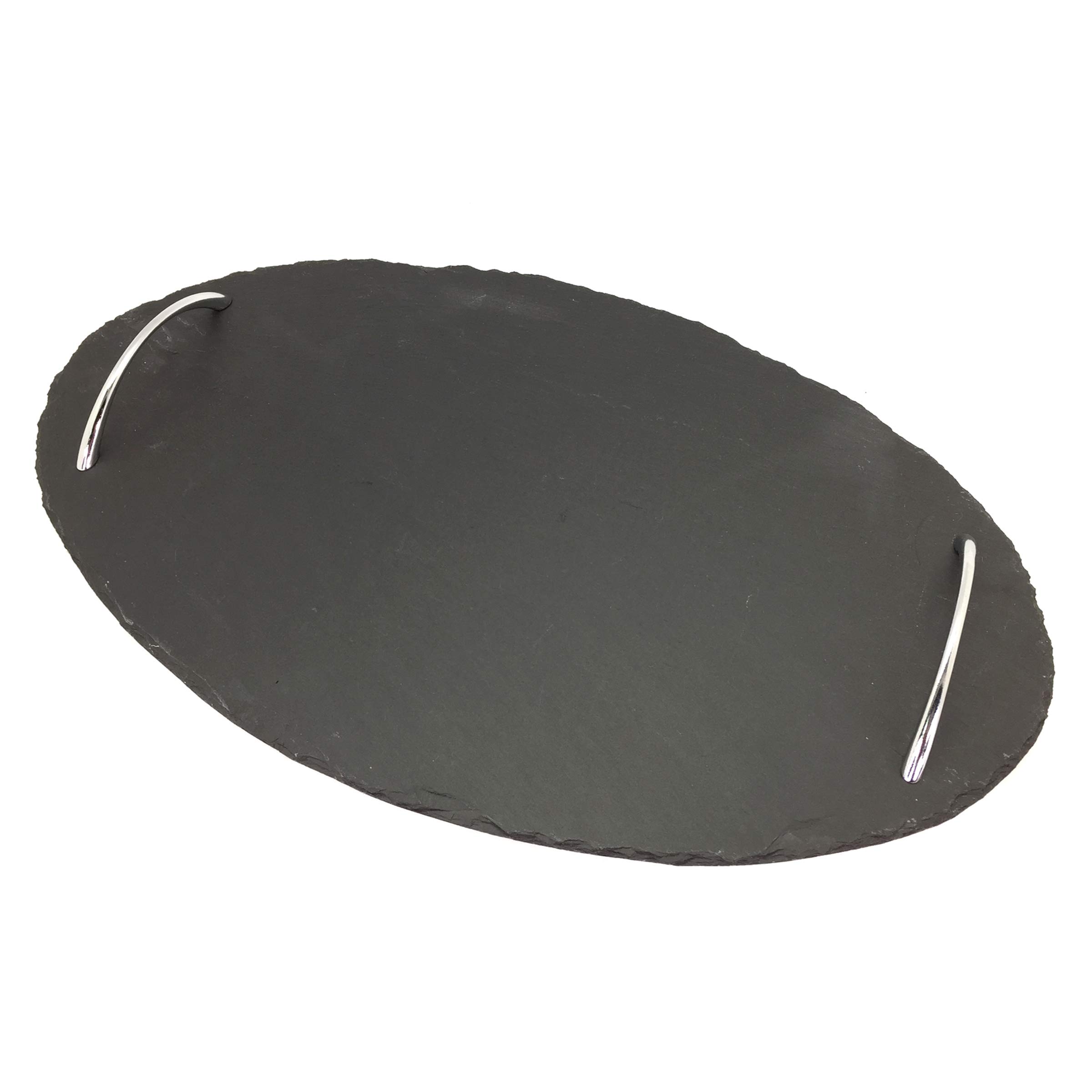 Creative Home Natural Slate Stone Oval Serving Tray with Zinc Alloy Handles One pc Chalk for Serving Cheese Cake Sushi Appetizers Meats Charcuterie Serving Platter, Rough Edge, 9.9" L x 15.8" W