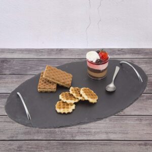 Creative Home Natural Slate Stone Oval Serving Tray with Zinc Alloy Handles One pc Chalk for Serving Cheese Cake Sushi Appetizers Meats Charcuterie Serving Platter, Rough Edge, 9.9" L x 15.8" W