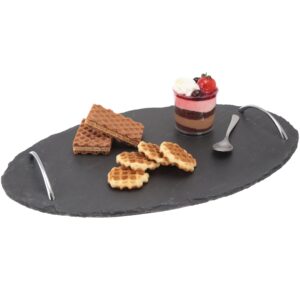 Creative Home Natural Slate Stone Oval Serving Tray with Zinc Alloy Handles One pc Chalk for Serving Cheese Cake Sushi Appetizers Meats Charcuterie Serving Platter, Rough Edge, 9.9" L x 15.8" W