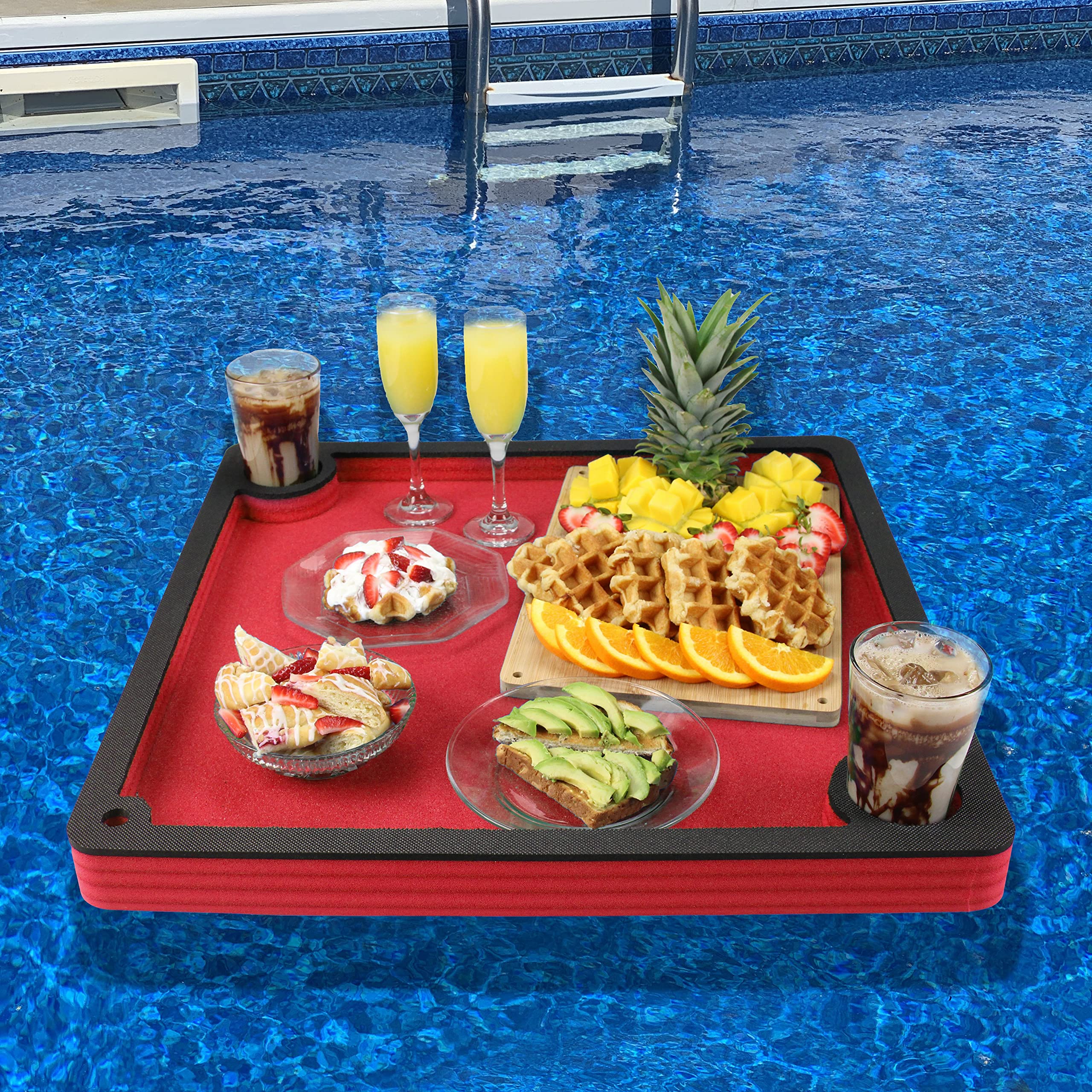 Polar Whale Floating Breakfast Table Serving Buffet Red and Black Tray Drink Holders for Swimming Pool or Beach Party Float Lounge Refreshment Durable Foam UV Resistant with Cup Holders 24 Inches