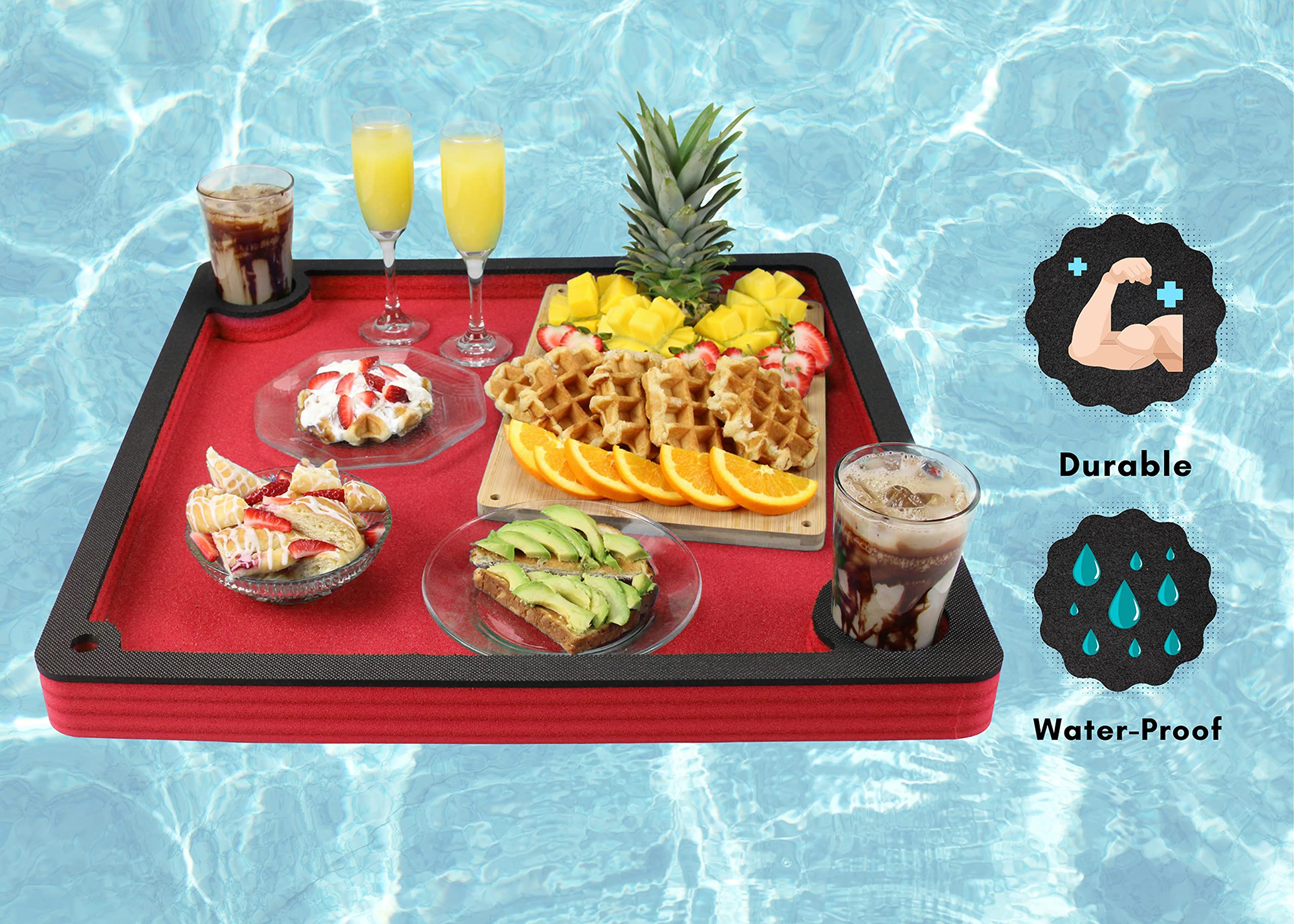 Polar Whale Floating Breakfast Table Serving Buffet Red and Black Tray Drink Holders for Swimming Pool or Beach Party Float Lounge Refreshment Durable Foam UV Resistant with Cup Holders 24 Inches