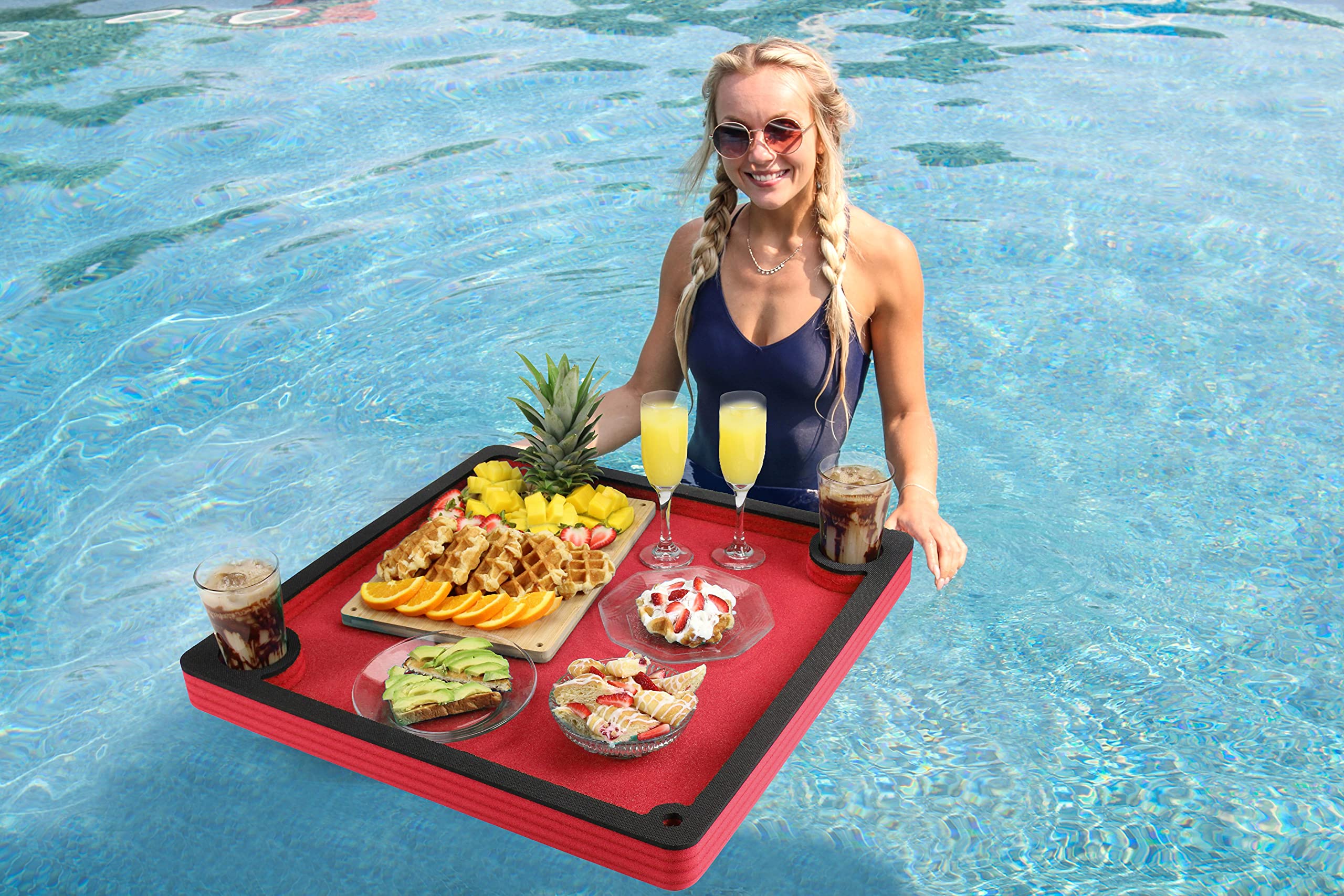 Polar Whale Floating Breakfast Table Serving Buffet Red and Black Tray Drink Holders for Swimming Pool or Beach Party Float Lounge Refreshment Durable Foam UV Resistant with Cup Holders 24 Inches