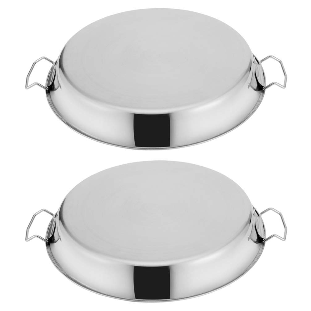 DOITOOL 2Pcs Stainless Steel Steaming Dish Cold Noodle Plate Steamed Rice Tray Round Steaming Tray With Double Handle for Home Kitchen Food Serving