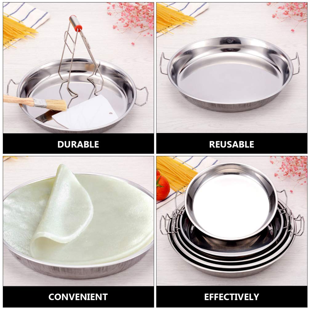 DOITOOL 2Pcs Stainless Steel Steaming Dish Cold Noodle Plate Steamed Rice Tray Round Steaming Tray With Double Handle for Home Kitchen Food Serving