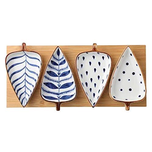 Porcelain Leaf Shaped Snack Bowl or Appetizer Dish for Dips Sauces Dessert Salad Snack Candy Fruit Nuts Cheese Ceramic Platter Set of 4 with Grooved Wooden Serving Board