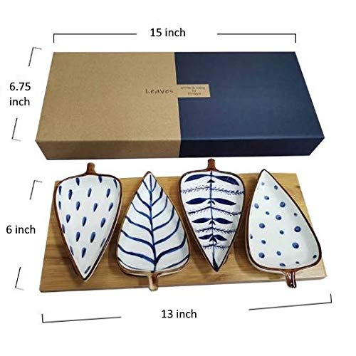 Porcelain Leaf Shaped Snack Bowl or Appetizer Dish for Dips Sauces Dessert Salad Snack Candy Fruit Nuts Cheese Ceramic Platter Set of 4 with Grooved Wooden Serving Board