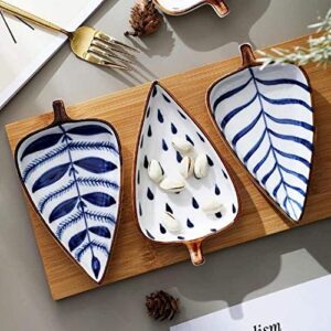 Porcelain Leaf Shaped Snack Bowl or Appetizer Dish for Dips Sauces Dessert Salad Snack Candy Fruit Nuts Cheese Ceramic Platter Set of 4 with Grooved Wooden Serving Board