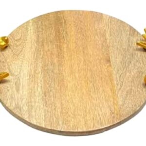 Robalo Acacia Wood Round Serving Tray with Metal Handles, 25cm Width, Brown