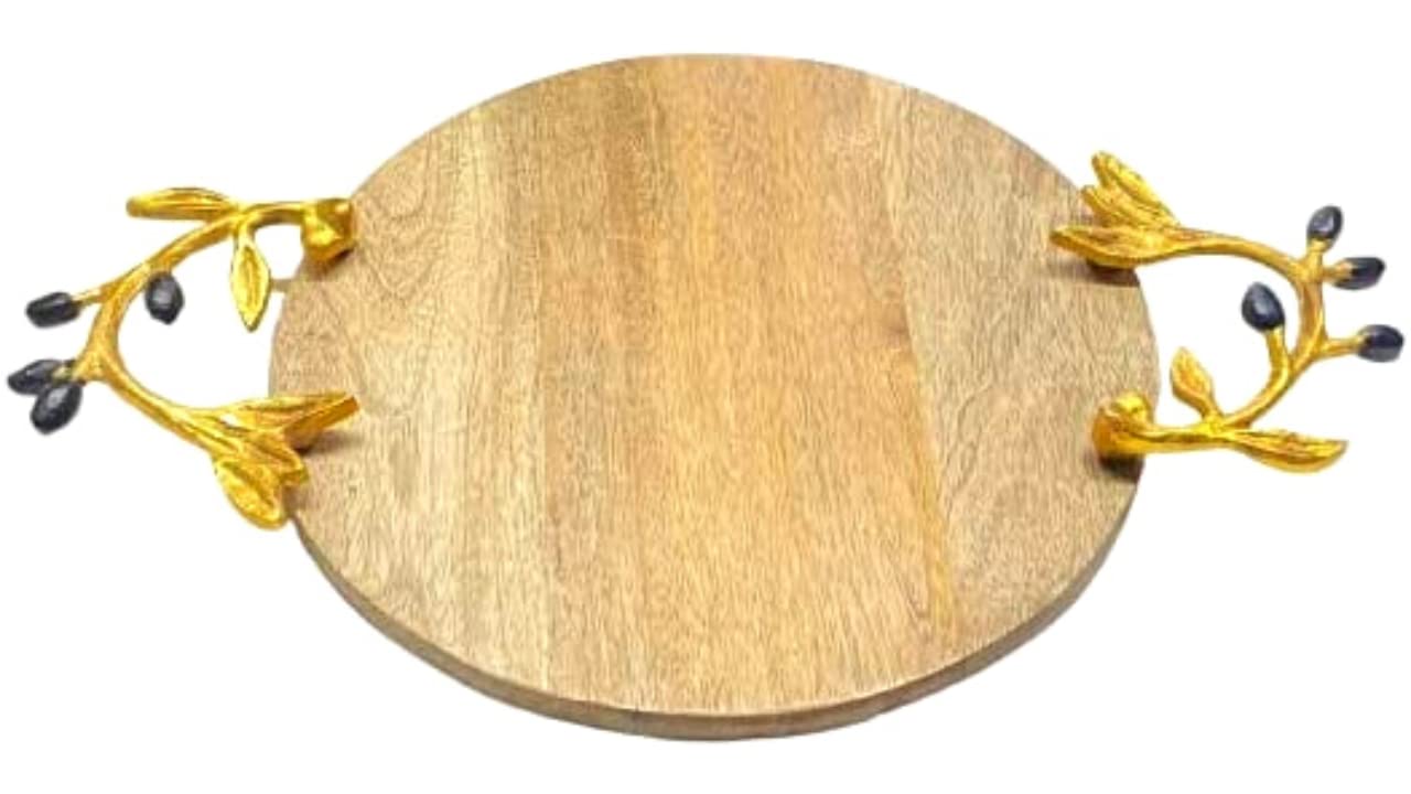 Robalo Acacia Wood Round Serving Tray with Metal Handles, 25cm Width, Brown