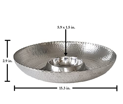 Cruiser’s Caché | Grand Hotel 15” Chip and Dip Serving Piece | Hand-Hammered Design, Polished Silver Finish | Large15" wide x 3" high | Appetizers, Snacks, Crudités, Shrimp Cocktail, Buffalo Wings