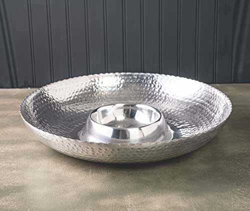 Cruiser’s Caché | Grand Hotel 15” Chip and Dip Serving Piece | Hand-Hammered Design, Polished Silver Finish | Large15" wide x 3" high | Appetizers, Snacks, Crudités, Shrimp Cocktail, Buffalo Wings