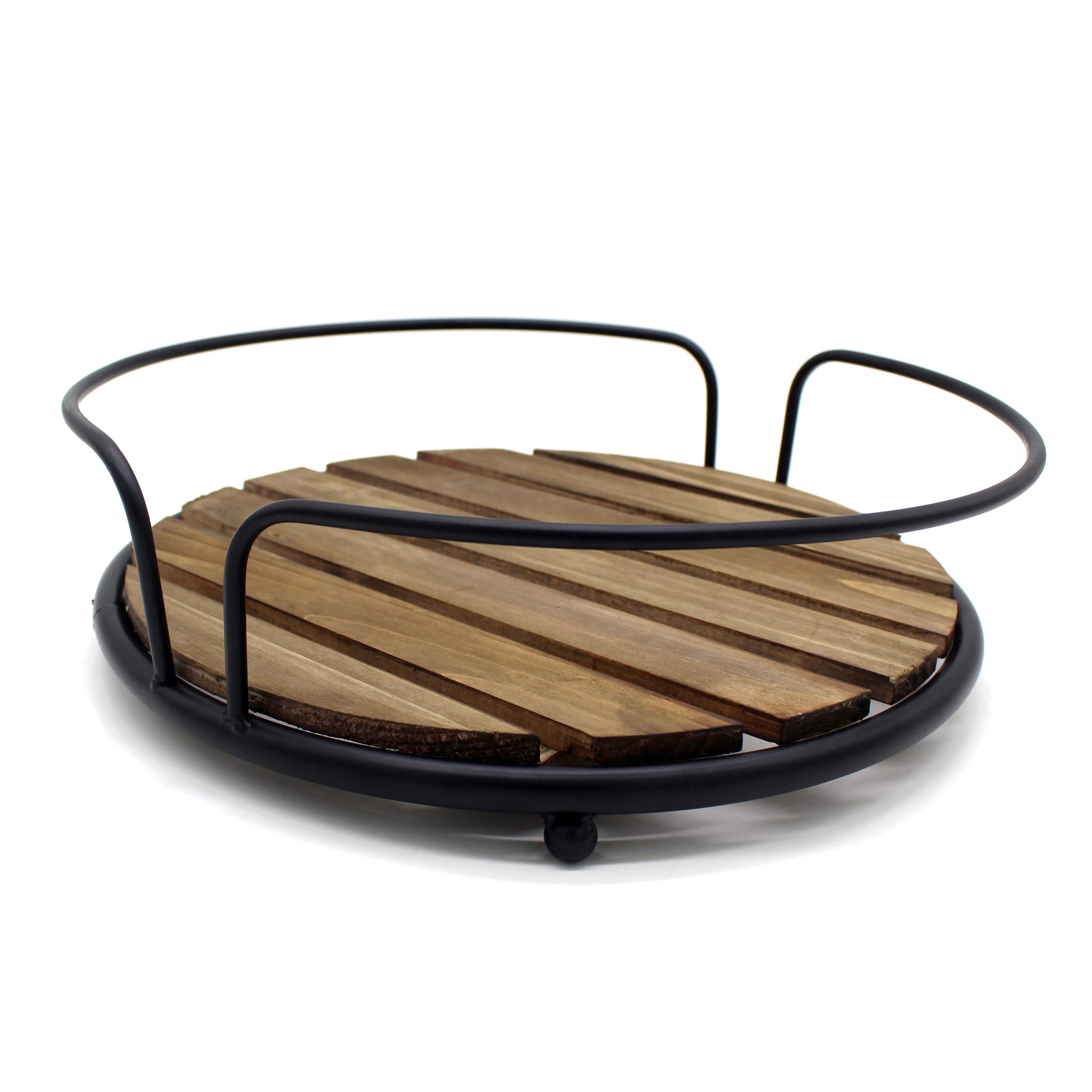 CVHOMEDECO. Farmhouse Tray Round Wood Plank Serving Tray with Metal Handles for Breakfast in Bed, Lunch, Dinner, Appetizers, Kitchen, Ottoman, Coffee Table, BBQ and Party