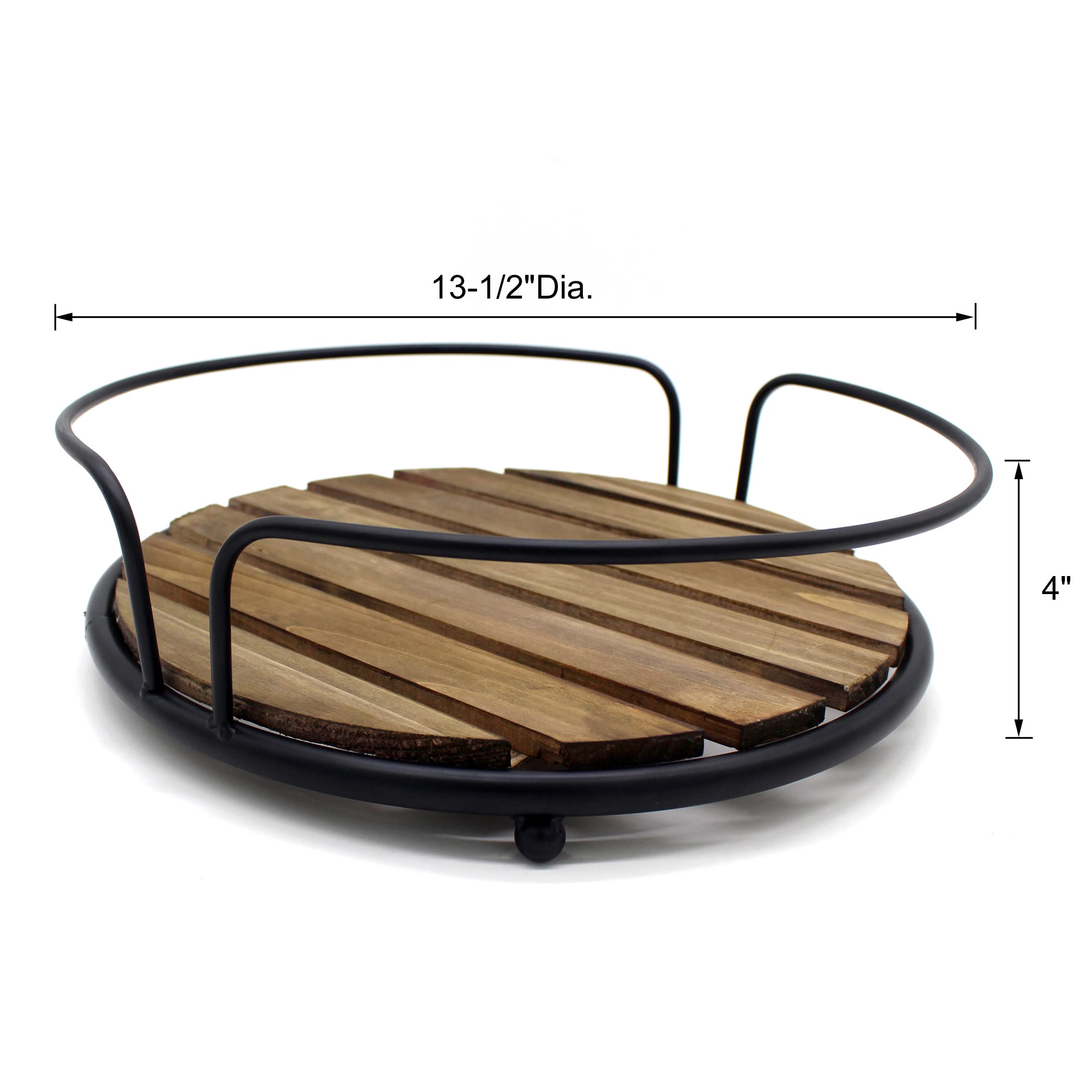 CVHOMEDECO. Farmhouse Tray Round Wood Plank Serving Tray with Metal Handles for Breakfast in Bed, Lunch, Dinner, Appetizers, Kitchen, Ottoman, Coffee Table, BBQ and Party