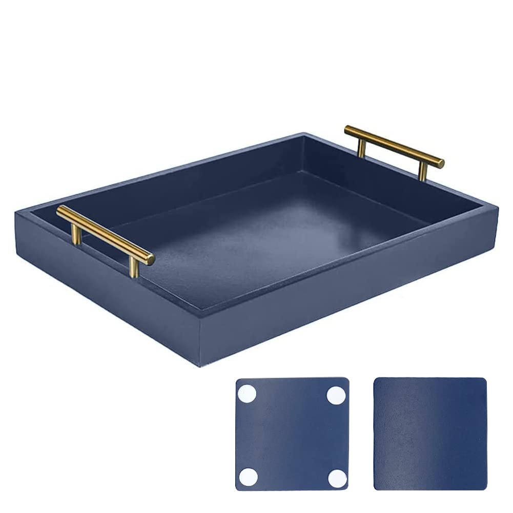 Simoei Serving Tray, Deluxe Tray for Coffee Table with Polished Gold Metal Handles and 2 Coasters, Living Room Bathroom Organizer Modern Decorative Tray, for Storage Or Display (Blue)