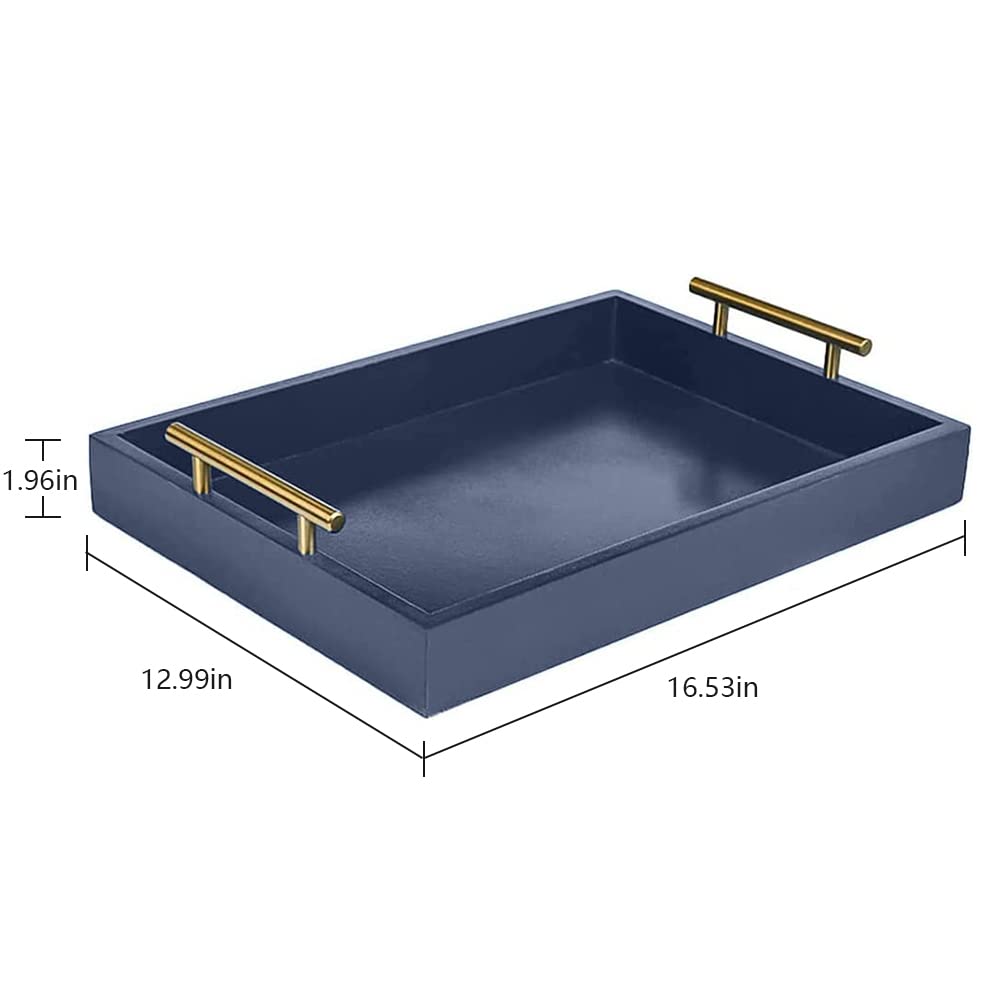 Simoei Serving Tray, Deluxe Tray for Coffee Table with Polished Gold Metal Handles and 2 Coasters, Living Room Bathroom Organizer Modern Decorative Tray, for Storage Or Display (Blue)