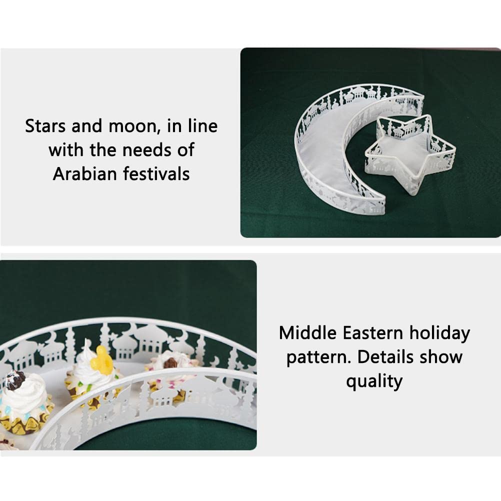 Ramadan Iron Tray Moon Star Shaped Eid Mubarak Dessert Tray for Wedding Party Festival Table Decor (White)