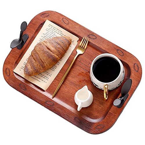 Serving Trays with Handles, Square Wooden Board with Metal Handles, Decorative Ottoman Tray,Stylish Farmhouse Decor Serving Platter,Coffee Table Tray for Breakfast