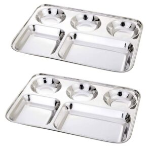 Stainless Steel Rectangle/Square 5 Section Compartment Lunch Plate Round and Square Tray Set of 2