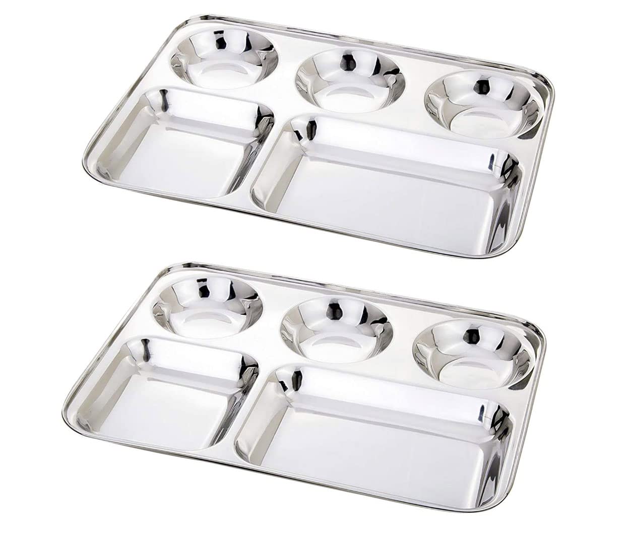 Stainless Steel Rectangle/Square 5 Section Compartment Lunch Plate Round and Square Tray Set of 2