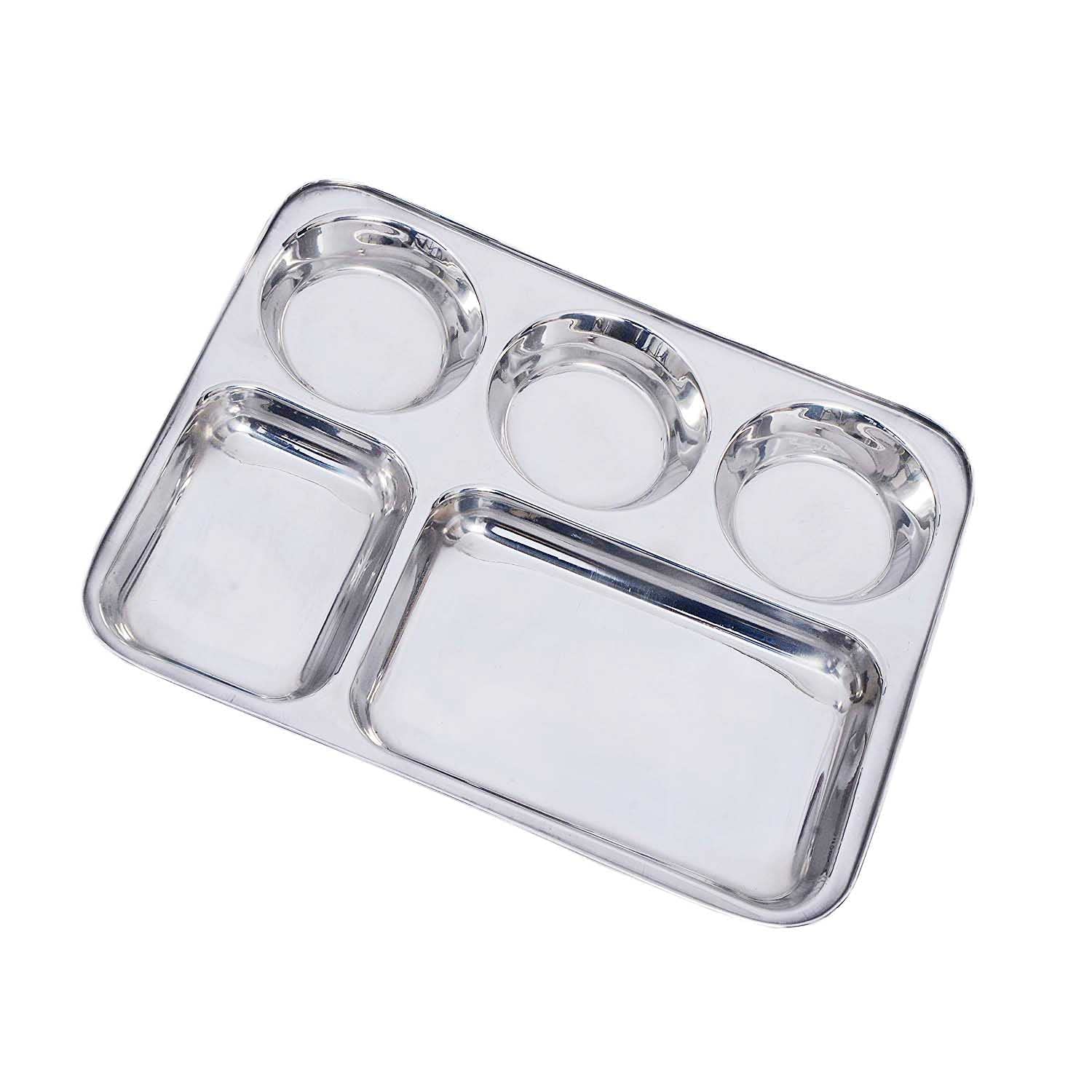 Stainless Steel Rectangle/Square 5 Section Compartment Lunch Plate Round and Square Tray Set of 2