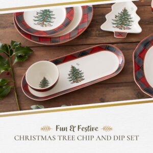 Spode Christmas Tree Collection| Tartan 2 Piece Chip and Dip| Measures 13-Inches| Made of Fine Earthenware| For Sauces and Appetizers| Dishwasher, Microwave, and Freezer Safe