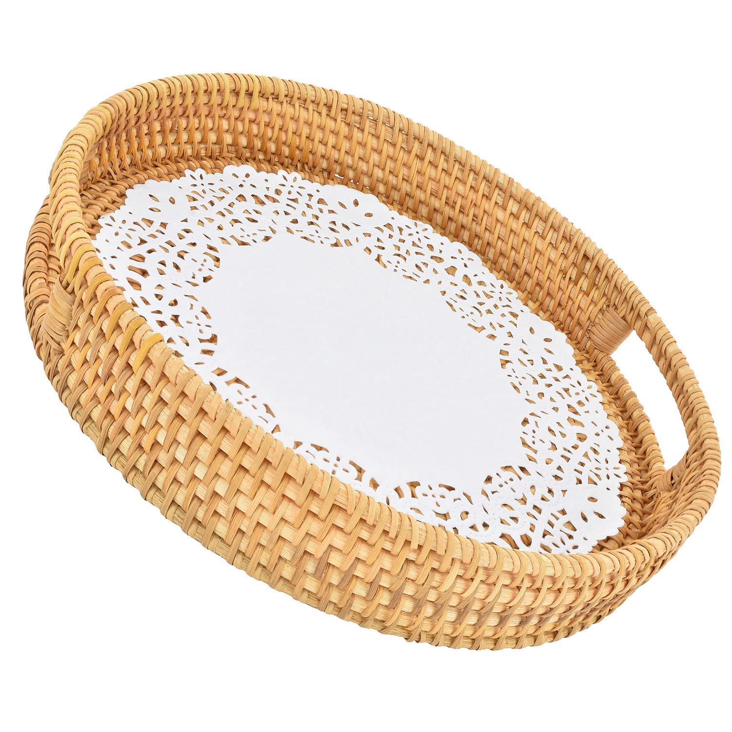 Rattanhut Hand Woven Round Rattan Tray with Paper Doily - 11.8 x 2 inch Round Basket Tray with Handles for Serving Food, Drink, Dessert, Breakfast in Bed, Decor - Decorative Coffee Server