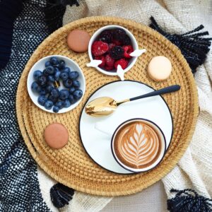 Rattanhut Hand Woven Round Rattan Tray with Paper Doily - 11.8 x 2 inch Round Basket Tray with Handles for Serving Food, Drink, Dessert, Breakfast in Bed, Decor - Decorative Coffee Server