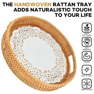 Rattanhut Hand Woven Round Rattan Tray with Paper Doily - 11.8 x 2 inch Round Basket Tray with Handles for Serving Food, Drink, Dessert, Breakfast in Bed, Decor - Decorative Coffee Server