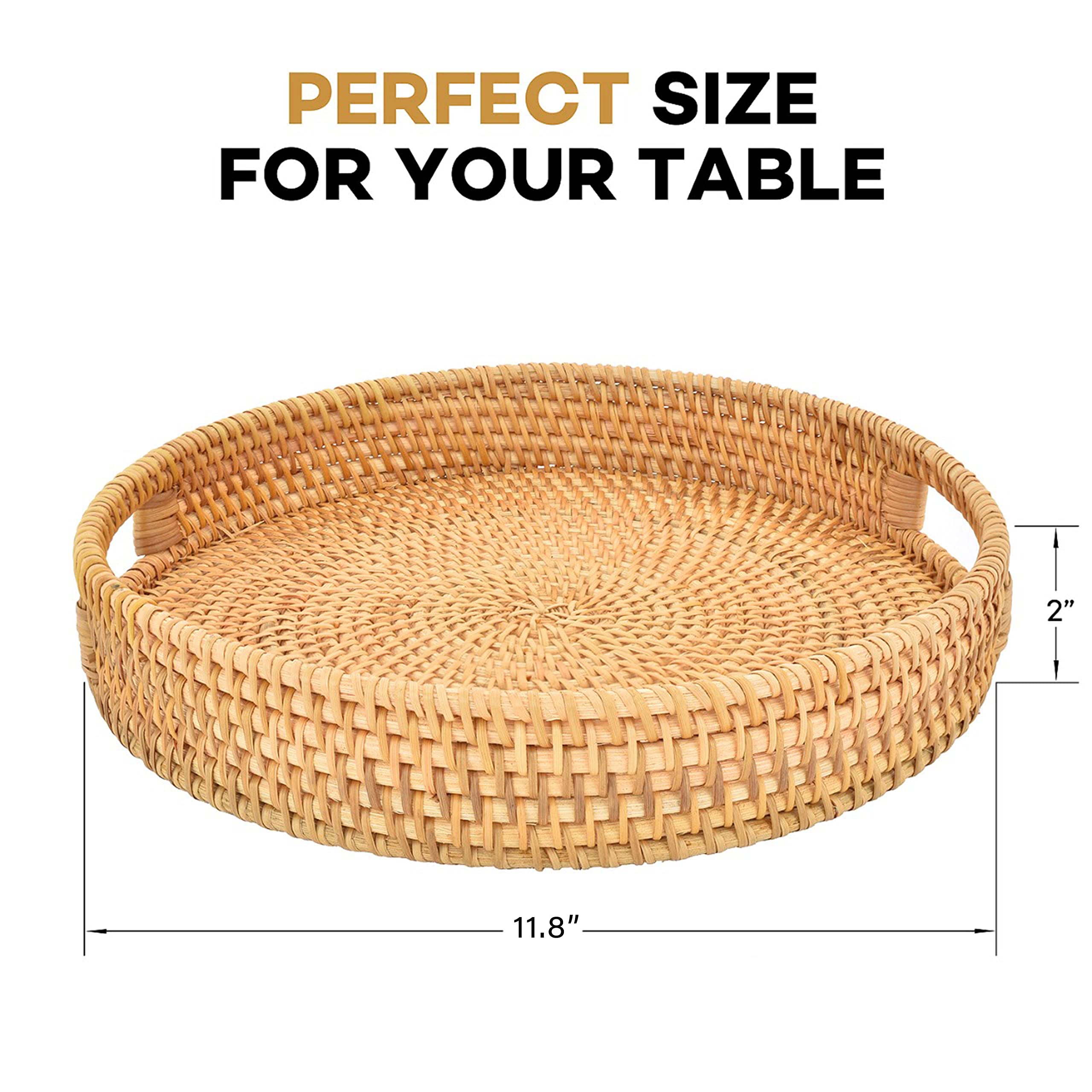 Rattanhut Hand Woven Round Rattan Tray with Paper Doily - 11.8 x 2 inch Round Basket Tray with Handles for Serving Food, Drink, Dessert, Breakfast in Bed, Decor - Decorative Coffee Server