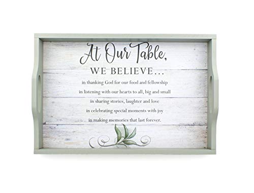 at Our Table We Believe Prayer Serving Tray with Slatted Wood Look 18"x 12" Rustic Farmhouse Modern Sage Green Leaves Decorative Large Platter