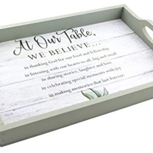 at Our Table We Believe Prayer Serving Tray with Slatted Wood Look 18"x 12" Rustic Farmhouse Modern Sage Green Leaves Decorative Large Platter