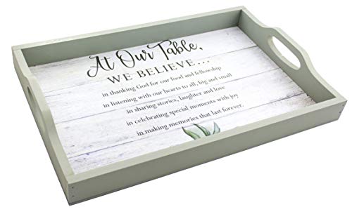 at Our Table We Believe Prayer Serving Tray with Slatted Wood Look 18"x 12" Rustic Farmhouse Modern Sage Green Leaves Decorative Large Platter