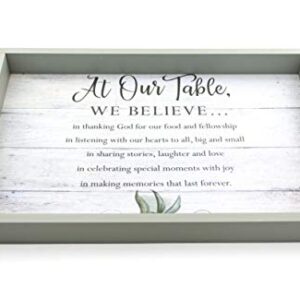 at Our Table We Believe Prayer Serving Tray with Slatted Wood Look 18"x 12" Rustic Farmhouse Modern Sage Green Leaves Decorative Large Platter