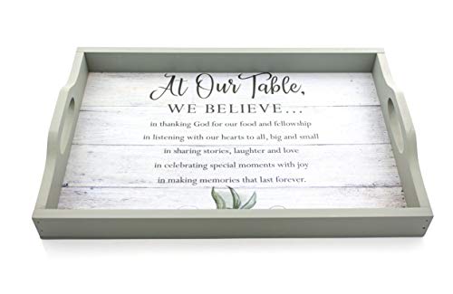 at Our Table We Believe Prayer Serving Tray with Slatted Wood Look 18"x 12" Rustic Farmhouse Modern Sage Green Leaves Decorative Large Platter