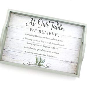 at Our Table We Believe Prayer Serving Tray with Slatted Wood Look 18"x 12" Rustic Farmhouse Modern Sage Green Leaves Decorative Large Platter