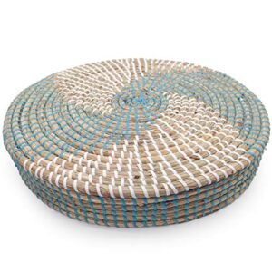 Ann Lee Design Round Serving Seagrass Trays (Teal Blue Vortex, Seagrass)