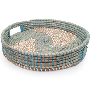 Ann Lee Design Round Serving Seagrass Trays (Teal Blue Vortex, Seagrass)