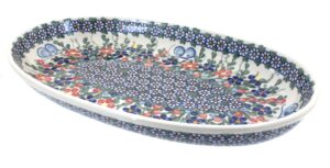 blue rose polish pottery garden butterfly oval platter