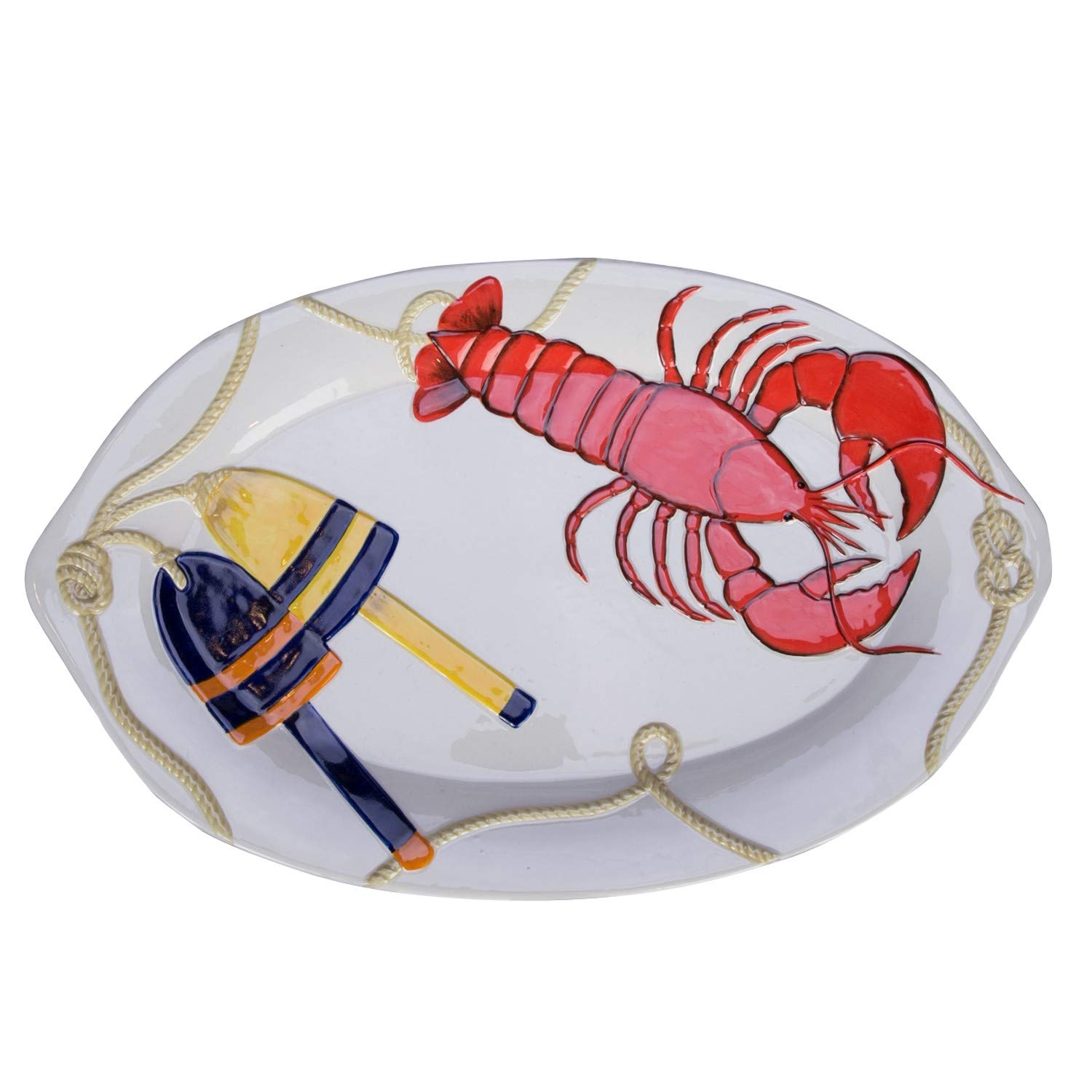 16" Ceramic Oval Platter with Lobster Buoy and Rope Design Serving Dish Coastal Decor