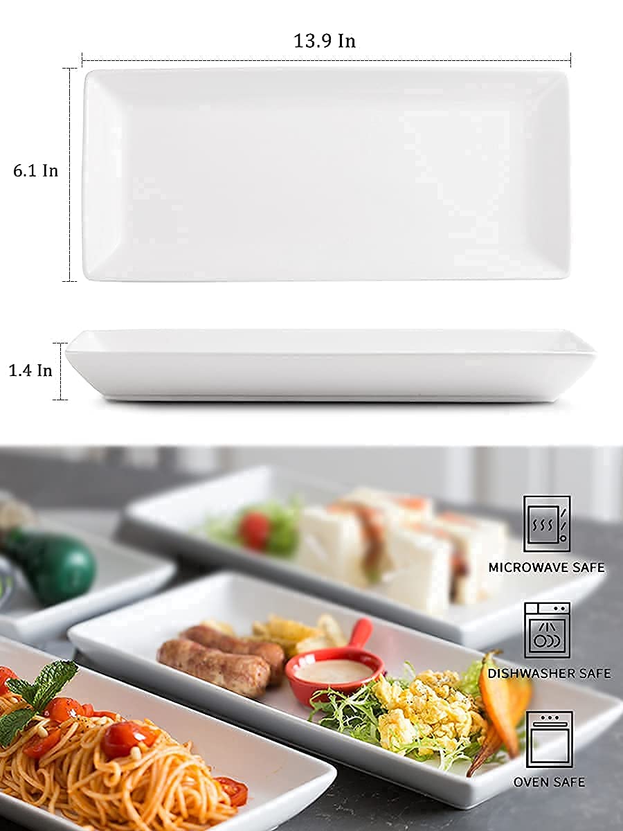 Porcelain Serving Platter Rectangular Plate/Tray for Party, 14-Inch Large White Microwave and Dishwasher Safe Set of 4