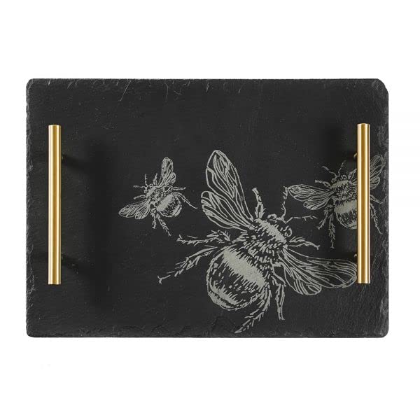 The Just Slate Company Handcrafted Slate Rectangle Serving Tray, Gold Handles, Laser Etched Bee Trio Design, Medium