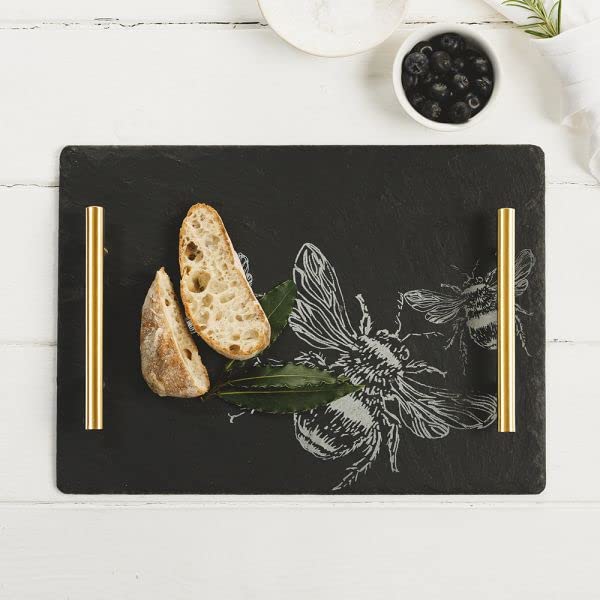 The Just Slate Company Handcrafted Slate Rectangle Serving Tray, Gold Handles, Laser Etched Bee Trio Design, Medium