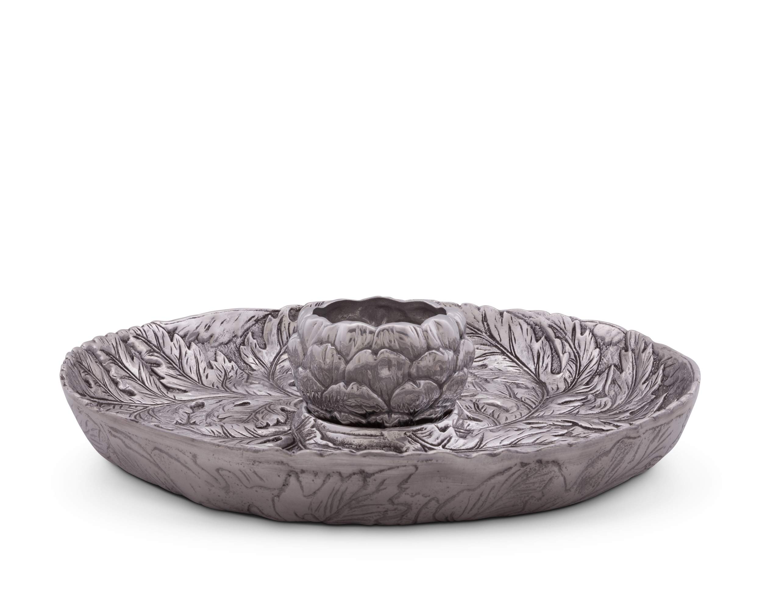 Arthur Court Designs Metal Chip and Dip Platter in Artichoke Pattern Sand Casted in Aluminum with Artisan Quality Hand Polished Designer Tarnish-Free 14.5 inch Diameter